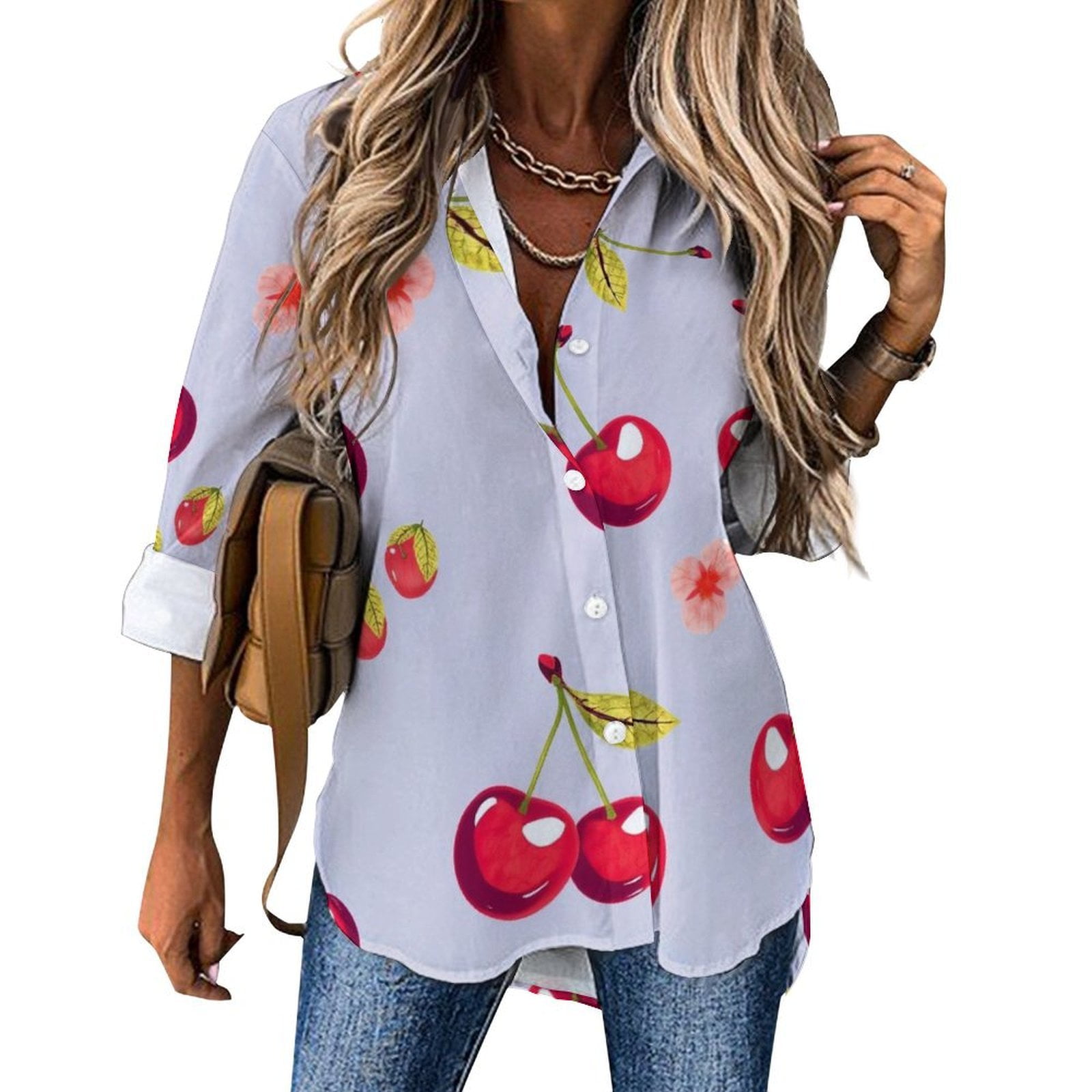 Cherry Blossom Pattern Casual Blouse Long-Sleeve Blouses Woman Street ...
