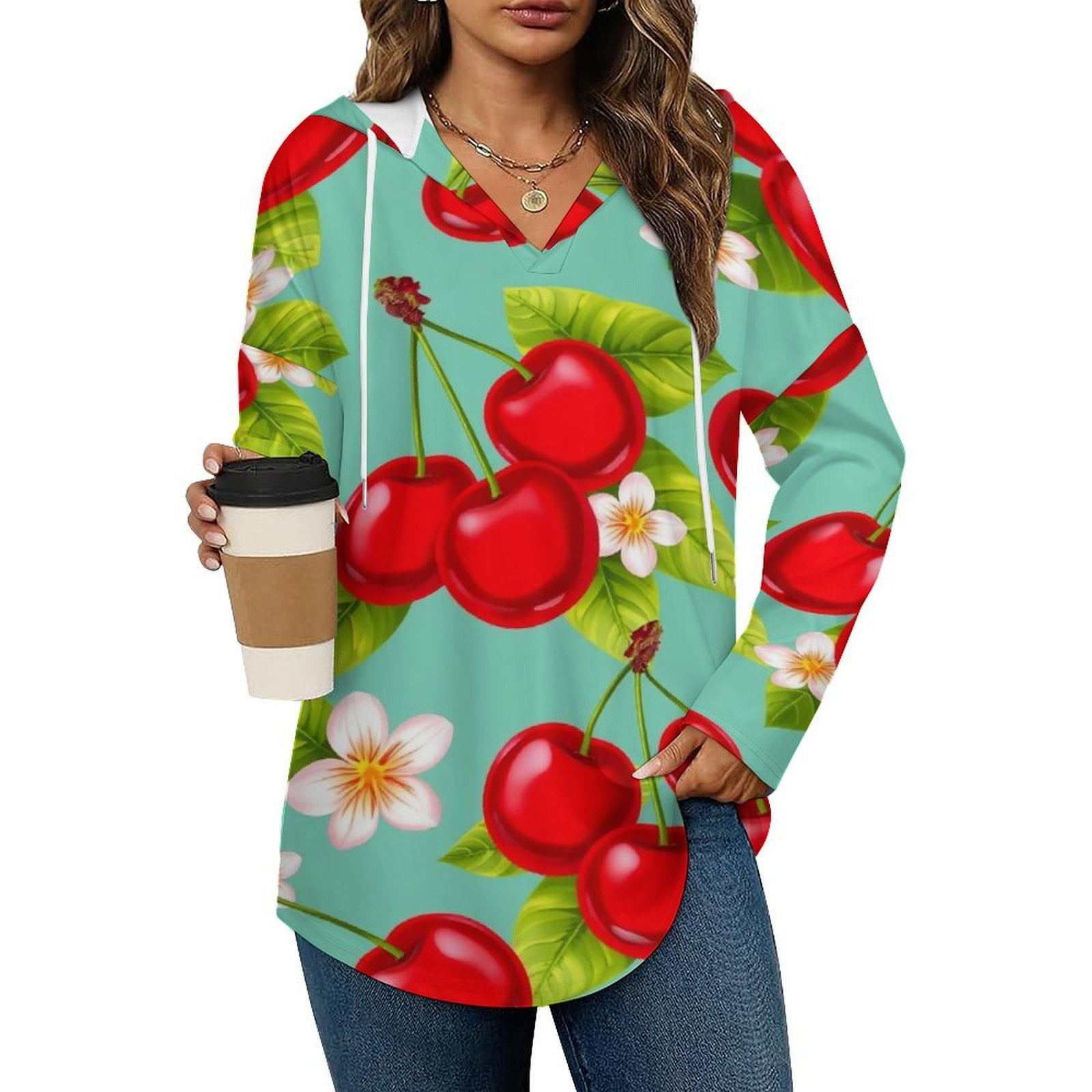 Cherry Blossom Pattern Long Sleeve For Women Spring Autumn Slim Fit ...