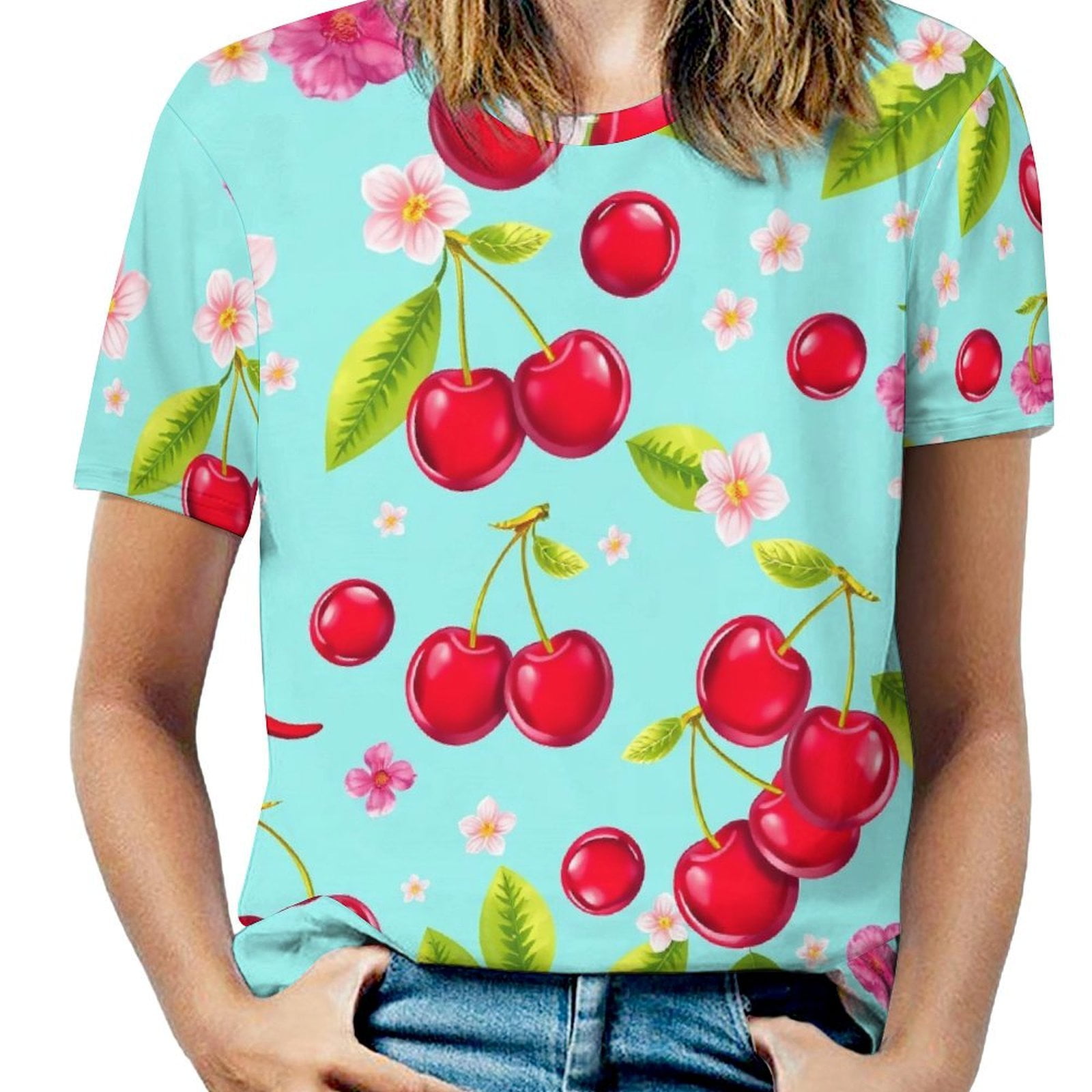 Cherry Blossom Pattern T Shirts Basic T-Shirt Short Sleeve Ladies Tee ...