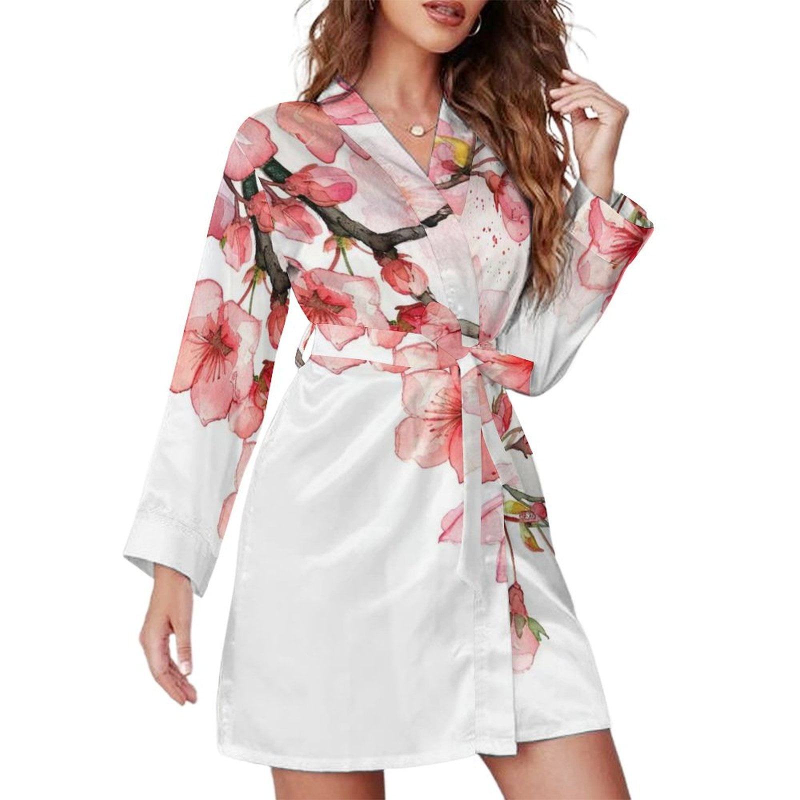 Cherry Blossom Pink (4) Night Robe Long Sleeve V Neck Robe With Belt ...