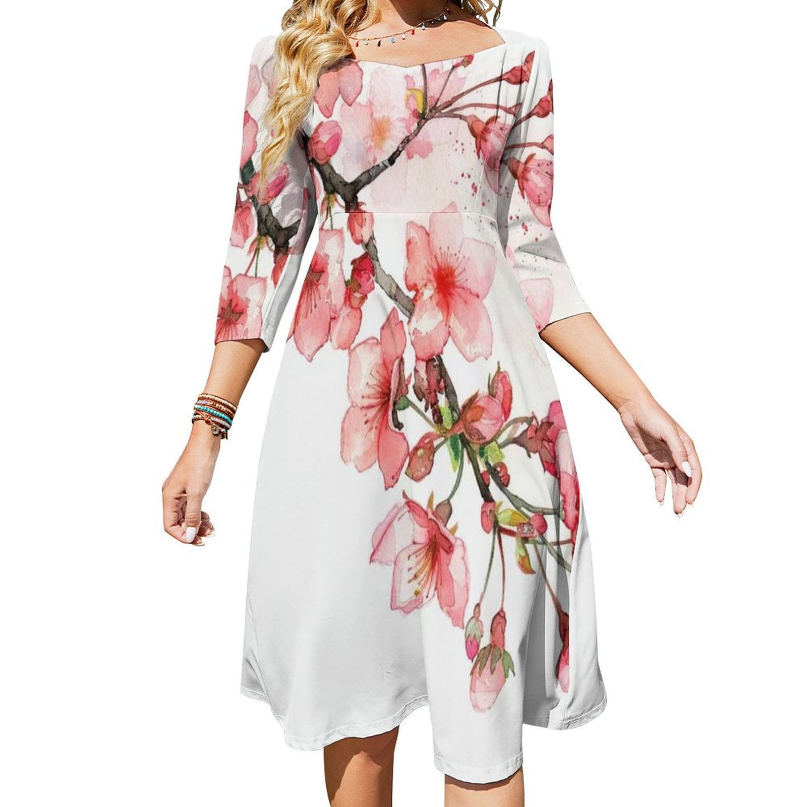 Cherry Blossom Pink (4) Sweetheart Knot Flared Dress Fashion Design Large Size Loose Dress ...