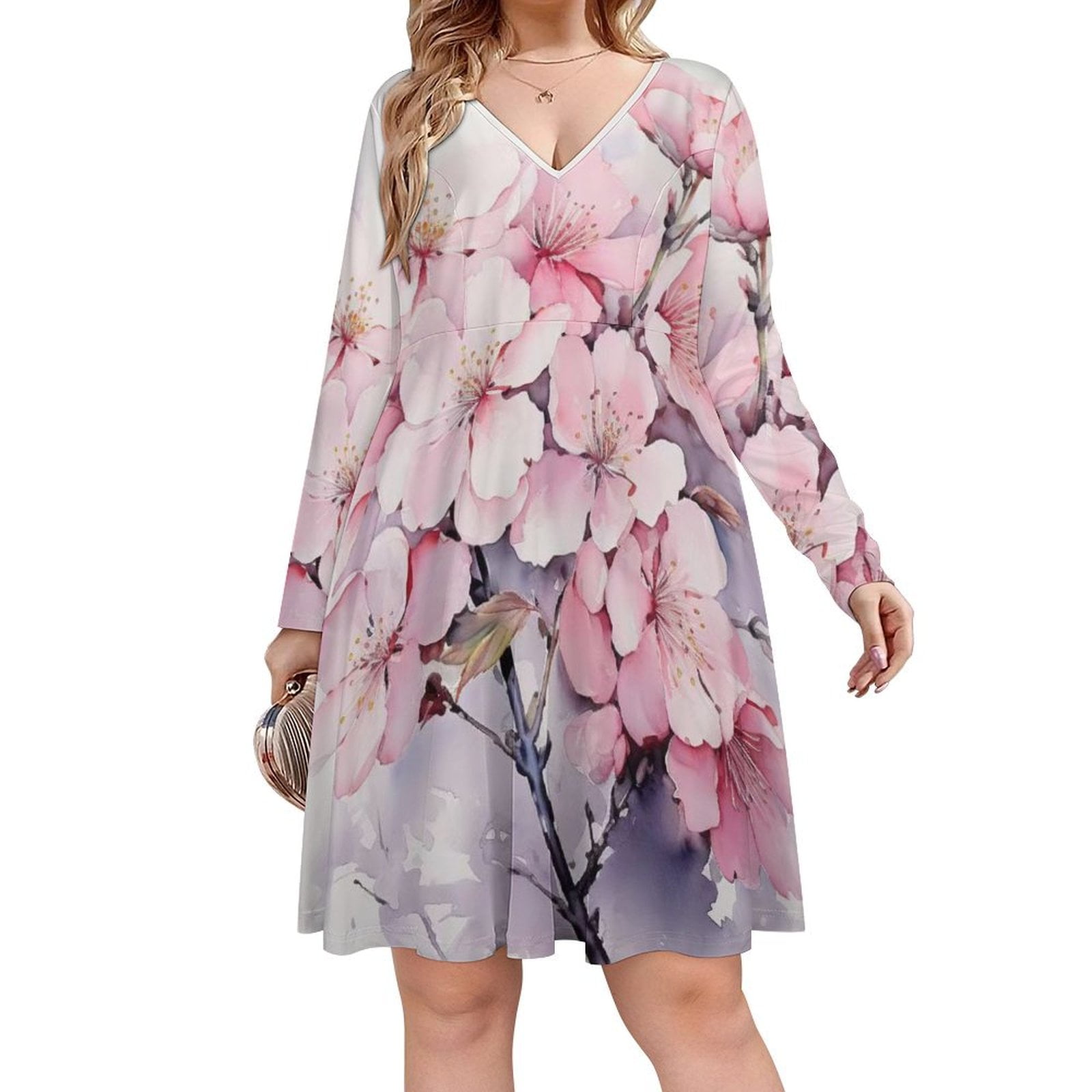 Cherry Blossom Pink (6) Long Sleeve Dresses For Women Vintage Elegant Party Dress Oversized V ...