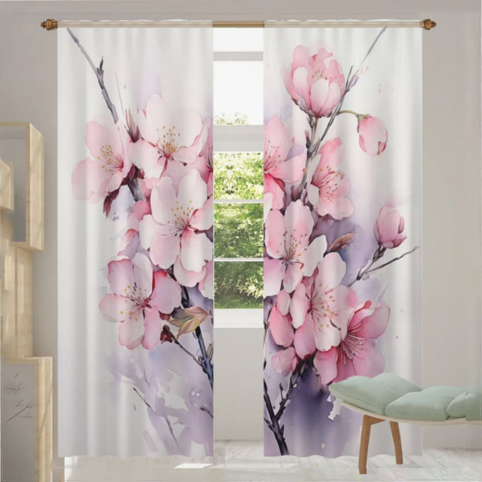 Cherry Blossom Pink (6) Sheer Window Curtains for Living Room Kitchen ...