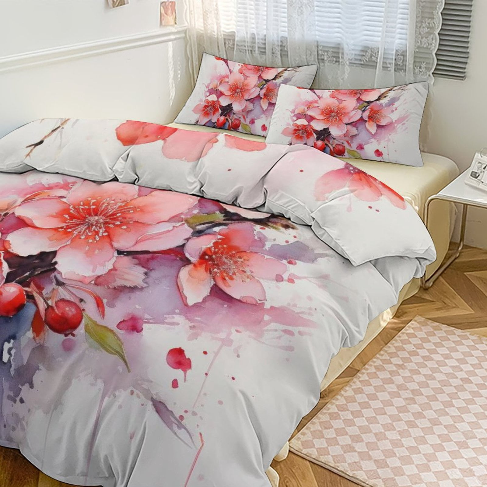 Cherry Blossom Pink 90"x90" 3 Pcs Soft Bedding Set Includes 1 Duvet ...