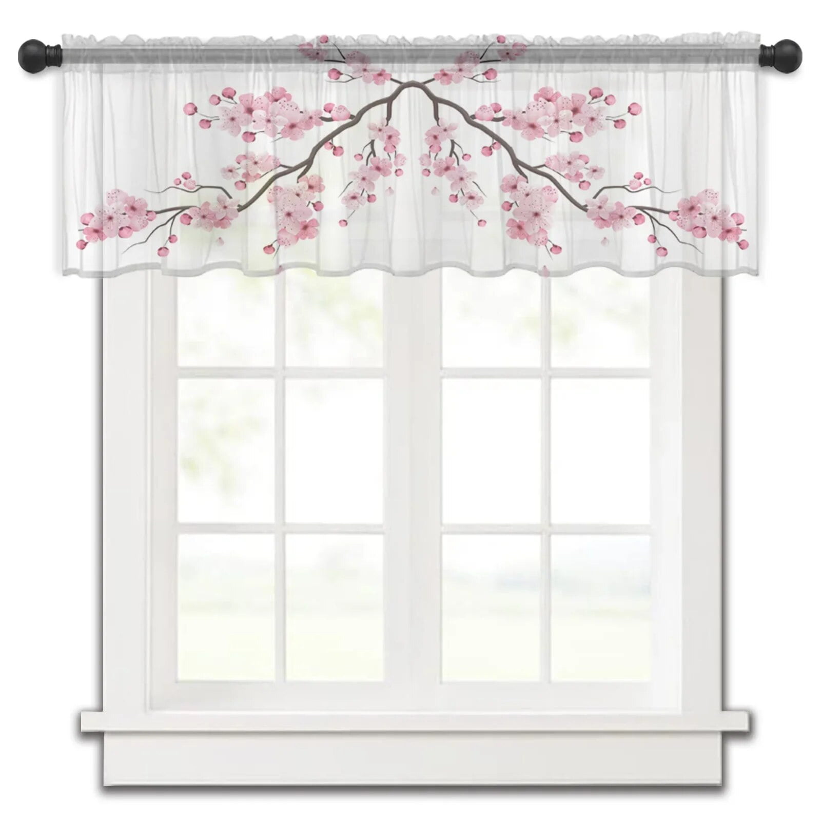 Cherry Blossom Pink Flower Kitchen Small Window Curtain Tulle Sheer ...