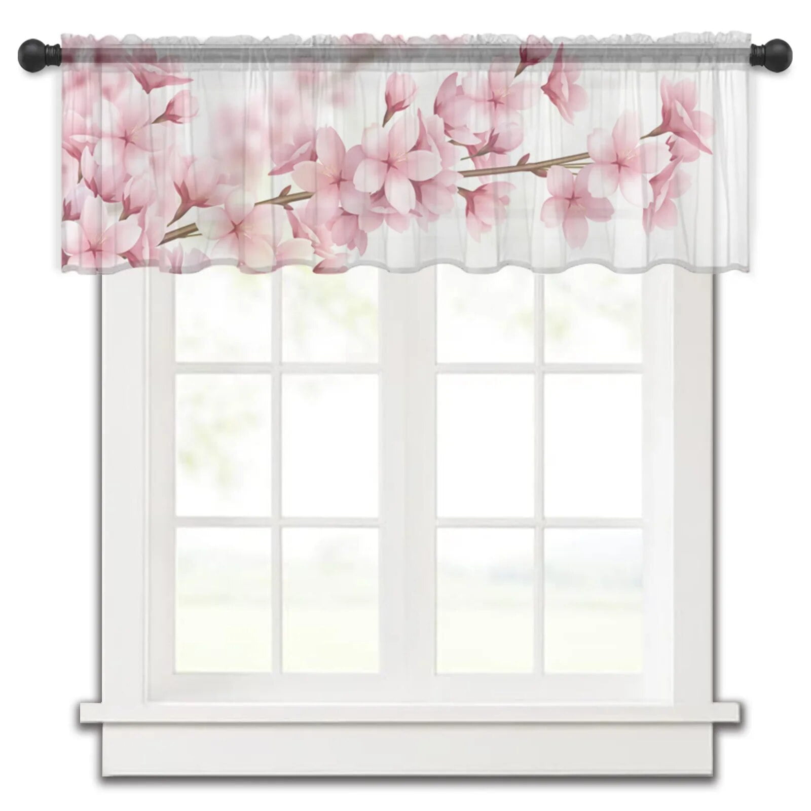 Cherry Blossom Pink Flower Kitchen Small Window Curtain Tulle Sheer ...