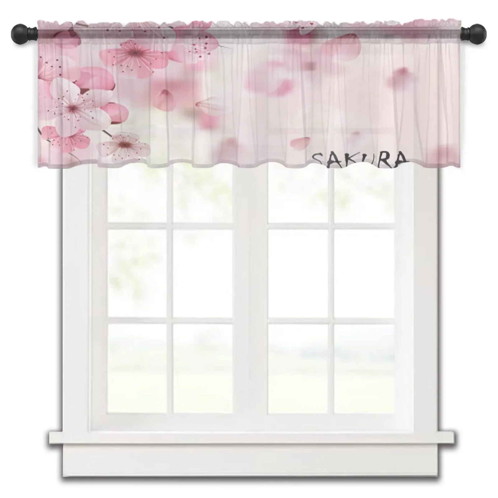 Cherry Blossom Pink Flower Kitchen Small Window Curtain Tulle Sheer ...