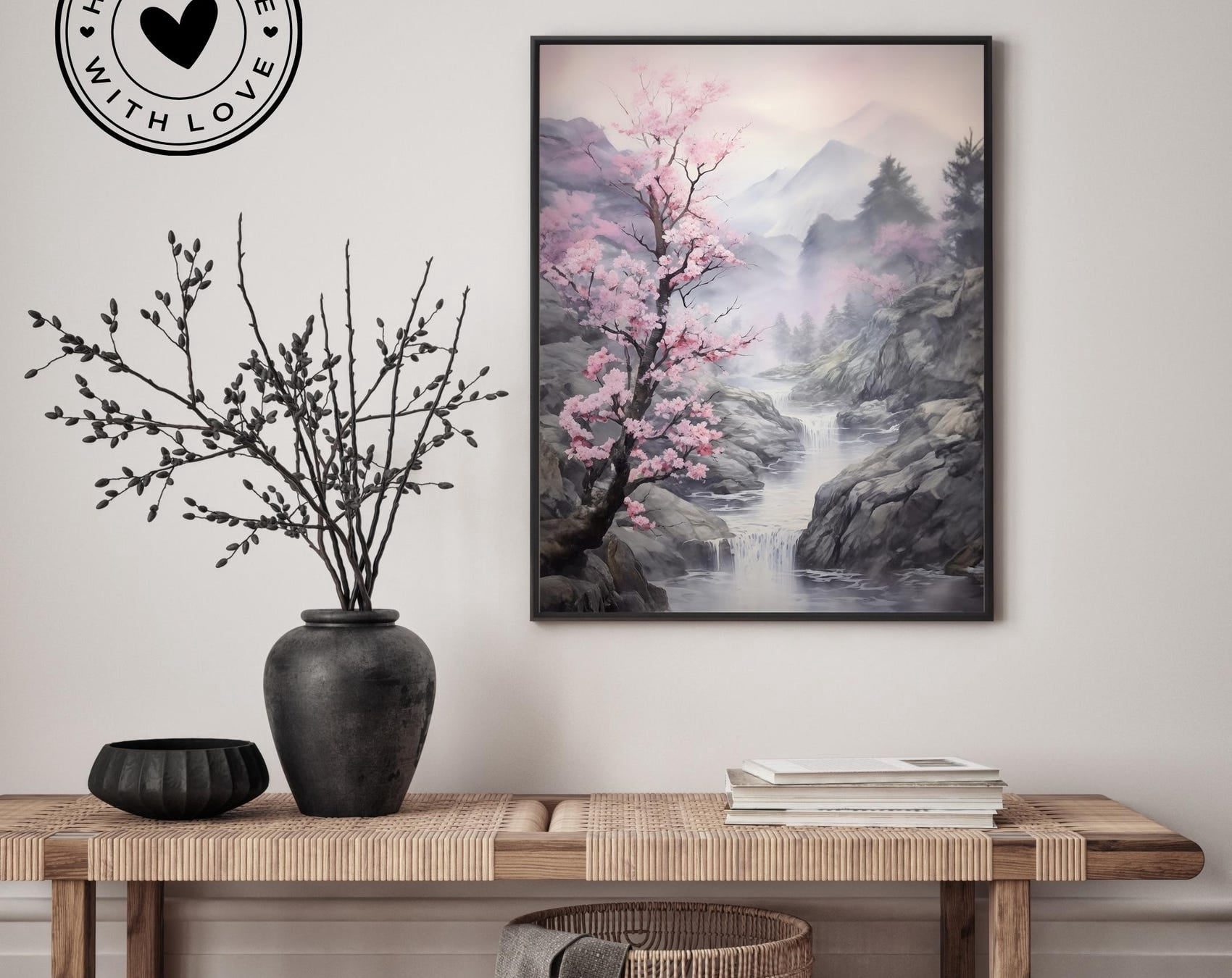 Cherry Blossom Pink Watercolor Poster Wall Art Asian Landscape Print ...