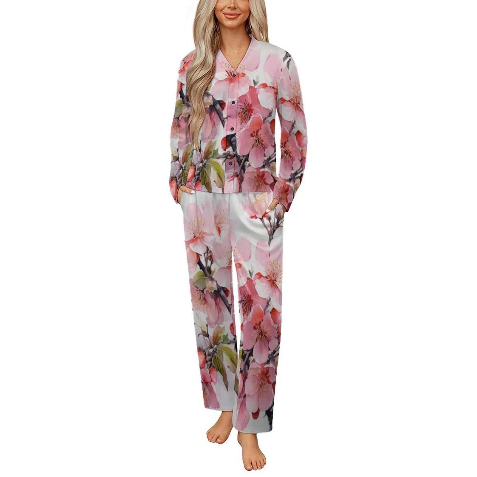 Cherry Blossom Pink Womens Pyjamas Set Button Up Pyjamas Womens with ...
