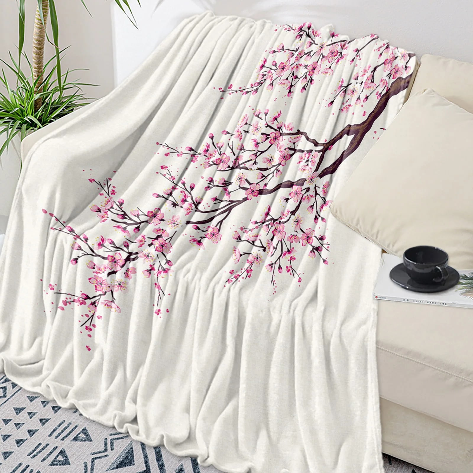 Cherry Blossom Plum Branch Pink Flower White Throw Blanket Warm ...