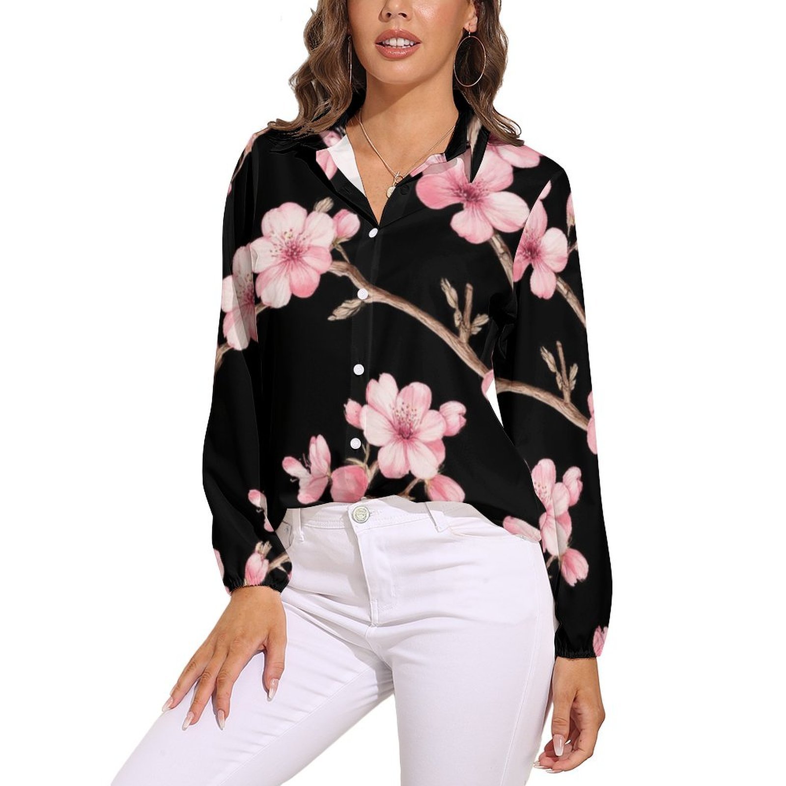 Cherry Blossom Print-2 Long Sleeve Blouse Woman Streetwear Casual ...