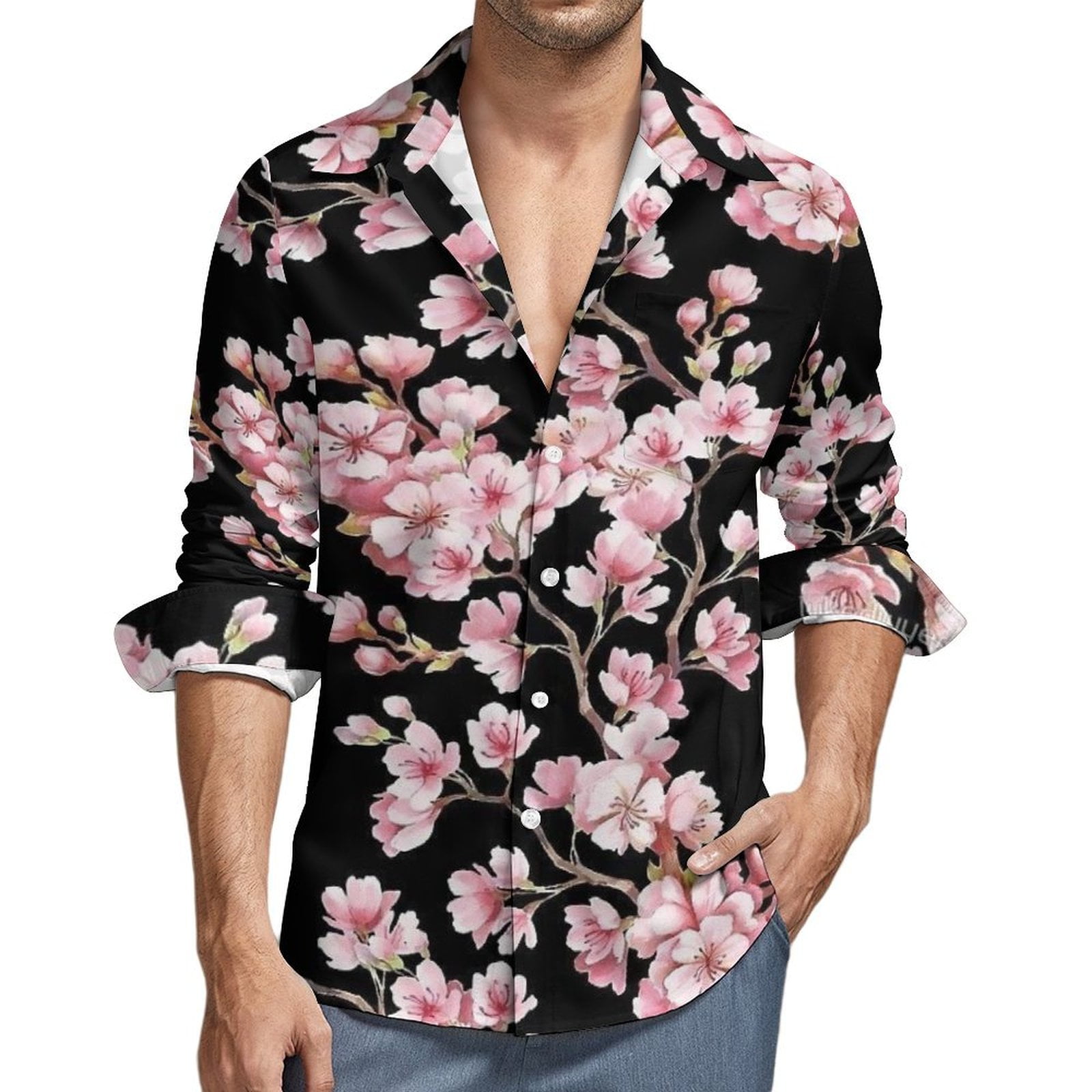 Cherry Blossom Print Hawaiian Shirt for Men Long Sleeve Button Down ...