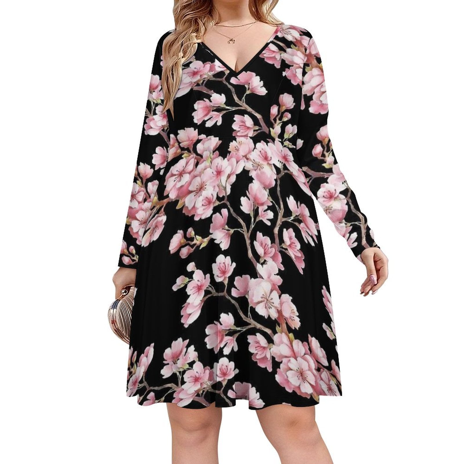 Cherry Blossom Print Long Sleeve Dresses For Women Vintage Elegant ...