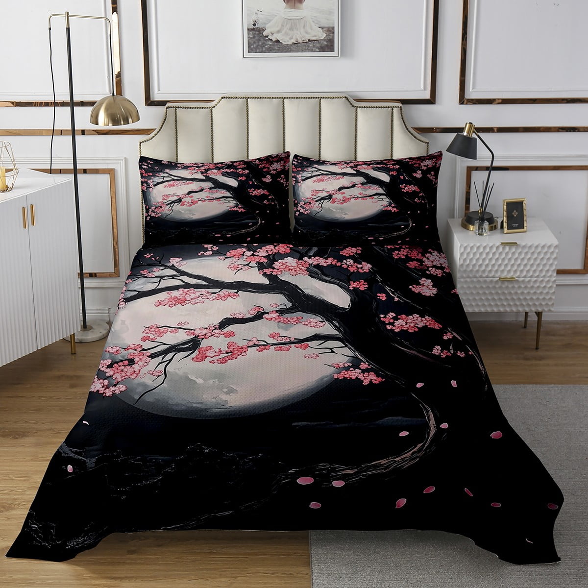 Cherry Blossom Quilt Set Queen Japanese Style Bedspread Set Night Moon ...