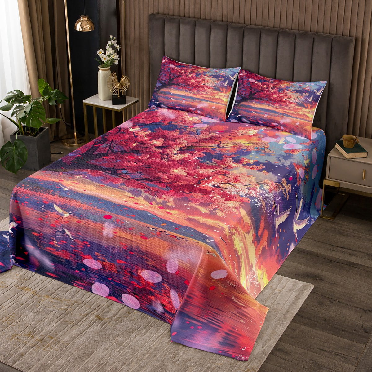 Cherry Blossom Quilt Set White Crane Birds King Bedspread Set ...