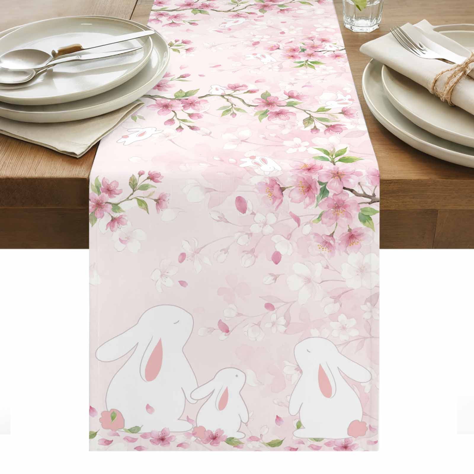 Cherry Blossom Rabbits Cotton Linen Table Runner Japanese Pink Cherry ...