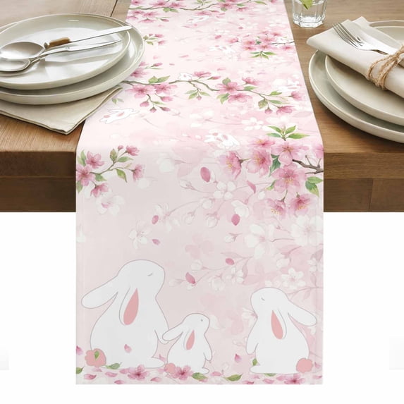 Cherry Blossom Rabbits Cotton Linen Table Runner Japanese Pink Cherry ...