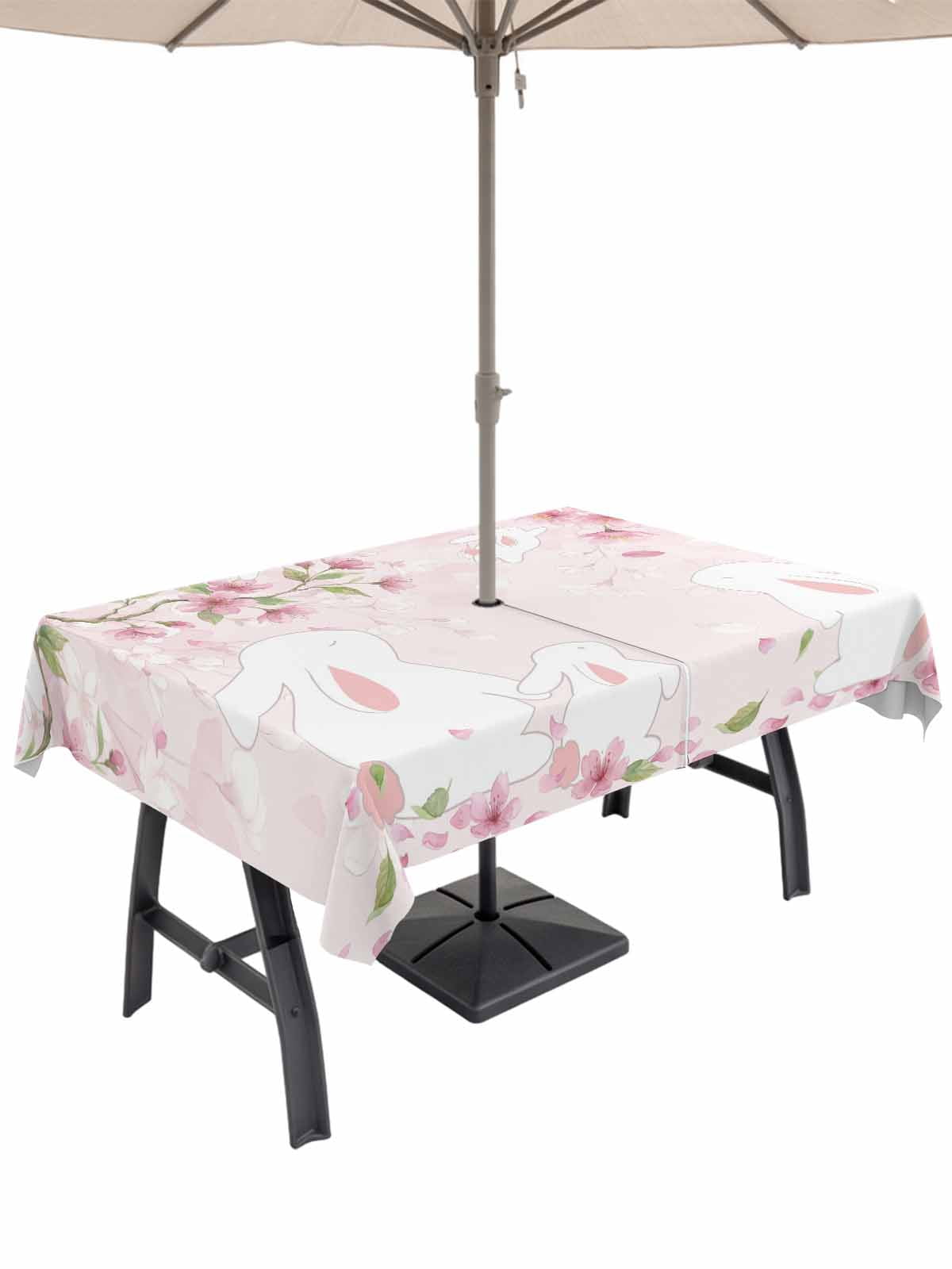 Cherry Blossom Rabbits Rectangle Outdoor Tablecloth with Umbrella Hole ...