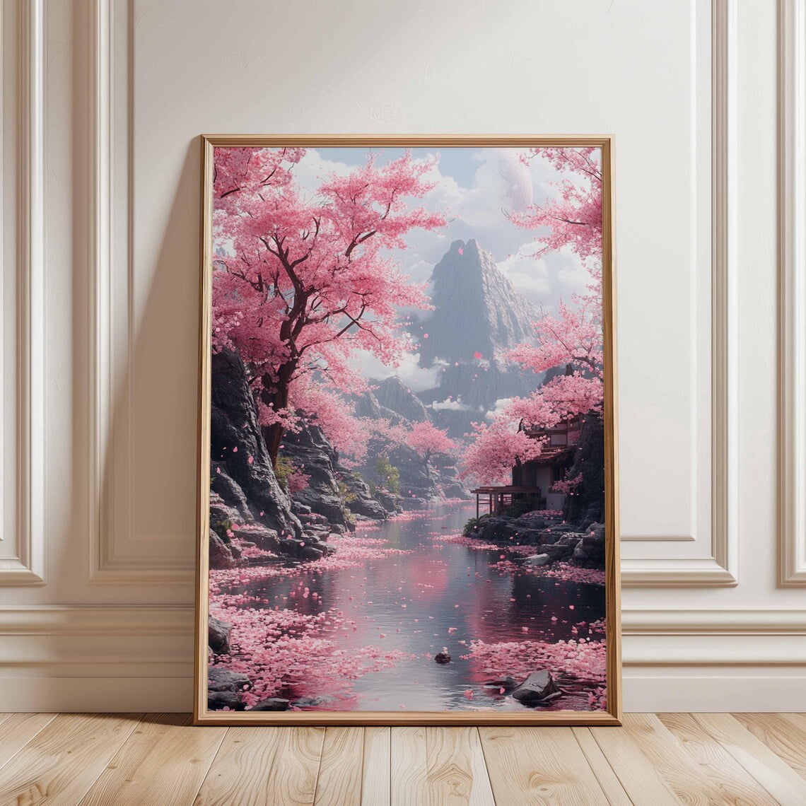 Cherry Blossom River Poster Pink Sakura Landscape Japanese Spring Art ...