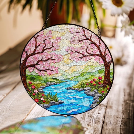 Cherry Blossom River Spring Glass Suncatcher, Nature Window Decor, for ...
