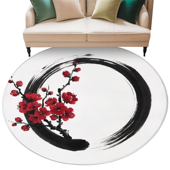 Cherry Blossom Round Rug 8ft Washable Circle Rugs Non Slip Japanese Red ...
