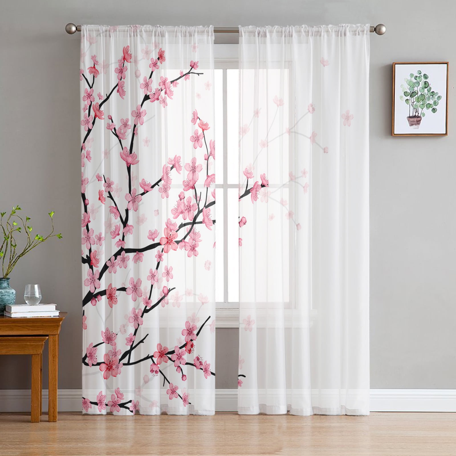 Cherry Blossom Sakura Pink Flower Tulle Sheer Curtains for Living Room ...