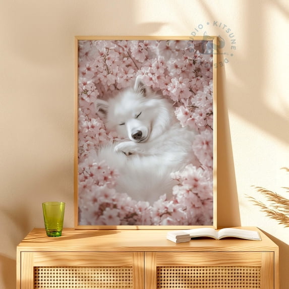 Cherry Blossom Samoyed Dog Spring Pet Portrait, Stretched Canvas Size ...