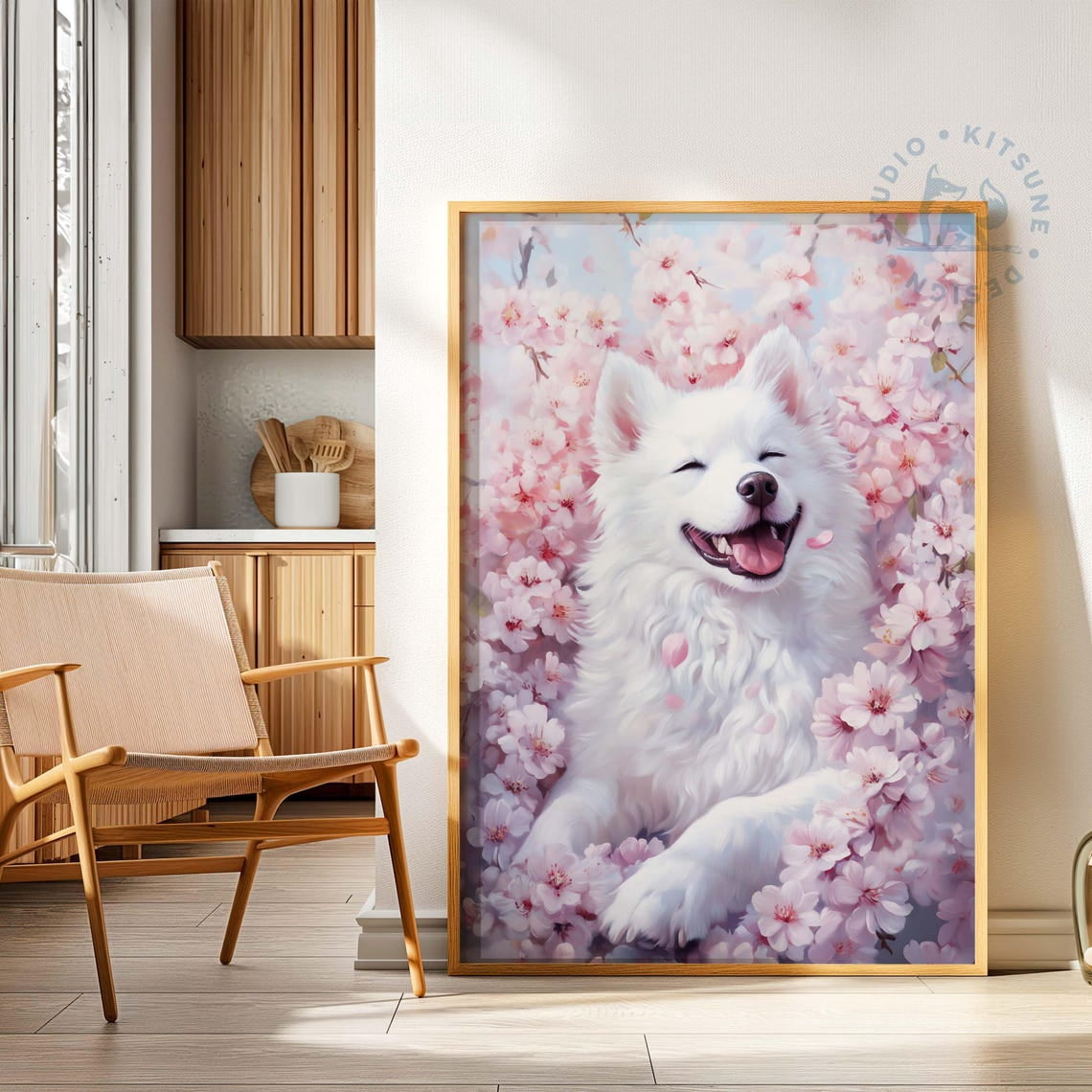 Cherry Blossom Samoyed Dog Spring Pet Portrait, Unframed Canvas Size ...