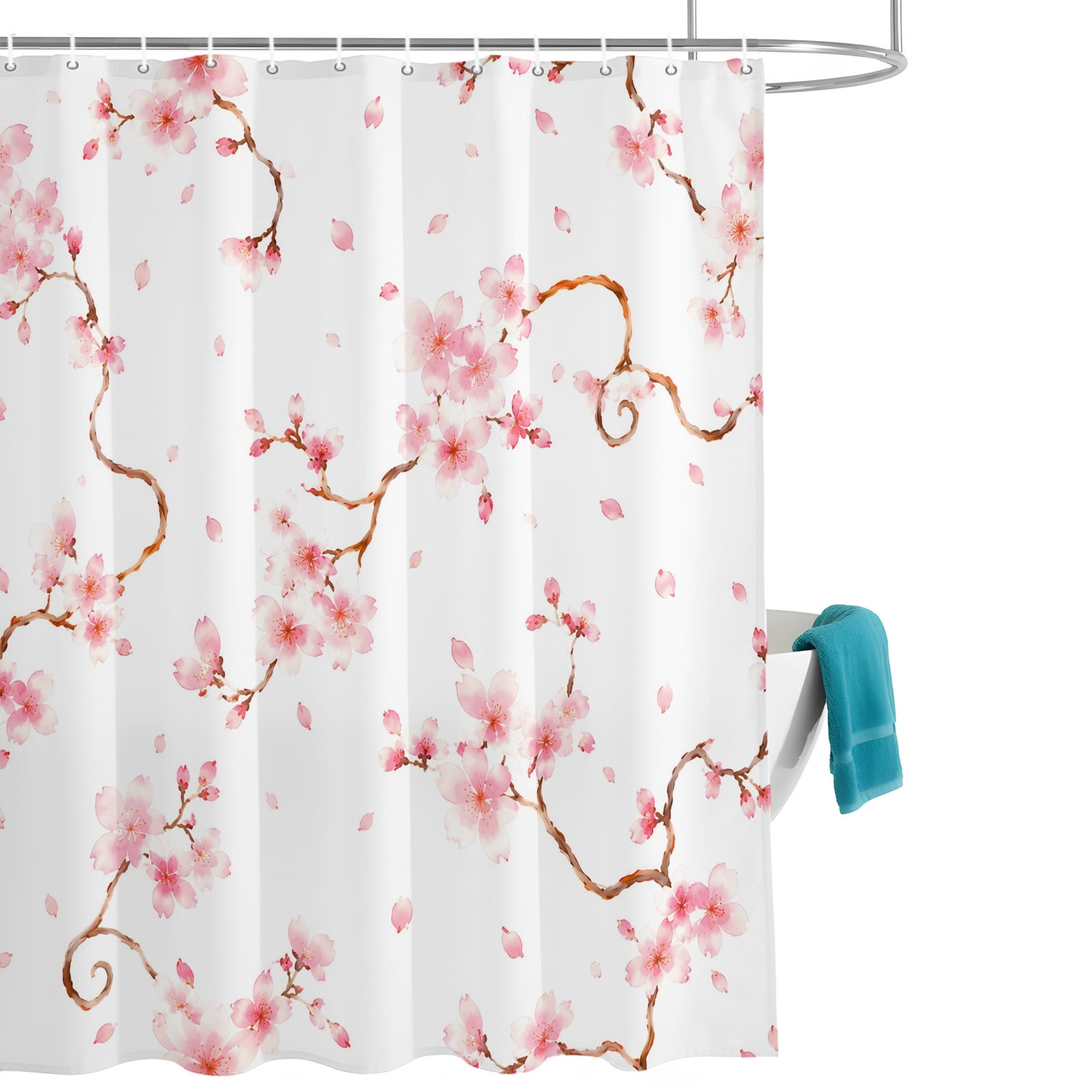Cherry Blossom Shower Curtain, Rustic Oriental Pink Floral Bud Petal ...