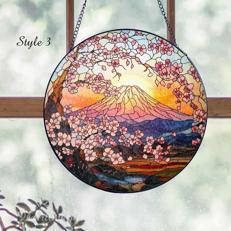 Cherry Blossom Stained Glass Suncatcher, Cherry Blossom and Mountain ...