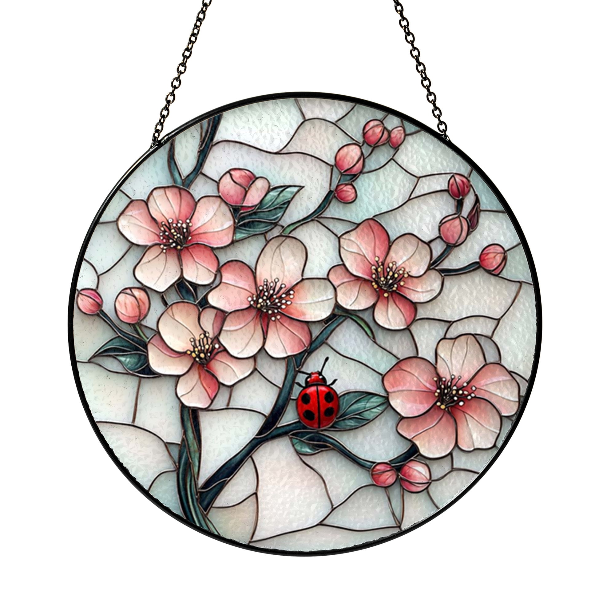 Cherry Blossom Stained Glass Suncatcher, Pink Branch with Ladybug ...