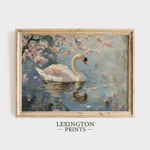 Cherry Blossom Swan Spring Vintage Wall Art, Unframed Paper Print Size ...