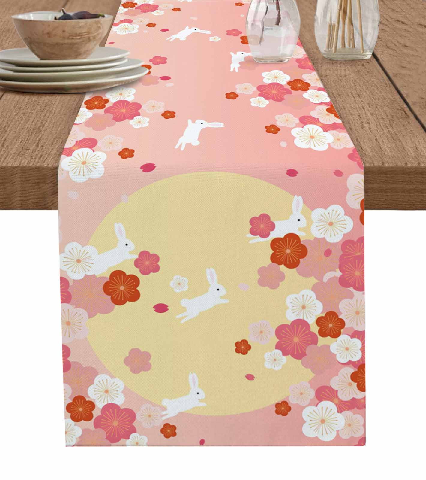 Cherry Blossom Table Runner 72 Inches, Japanese Style Rabbit Cute Wave ...