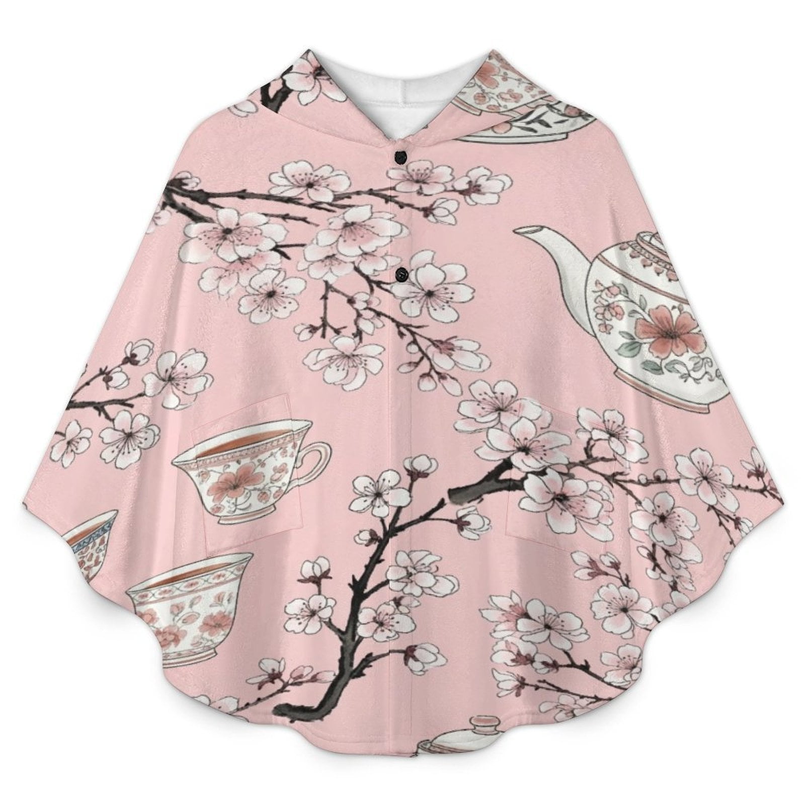 Cherry Blossom Tea Set Pattern Blanket Oversized Wearable Hooded ...