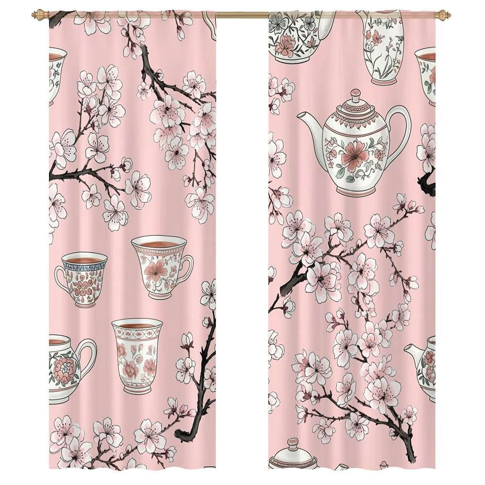 Cherry Blossom Tea Set Pattern Sheer Window Curtains for Living Room ...
