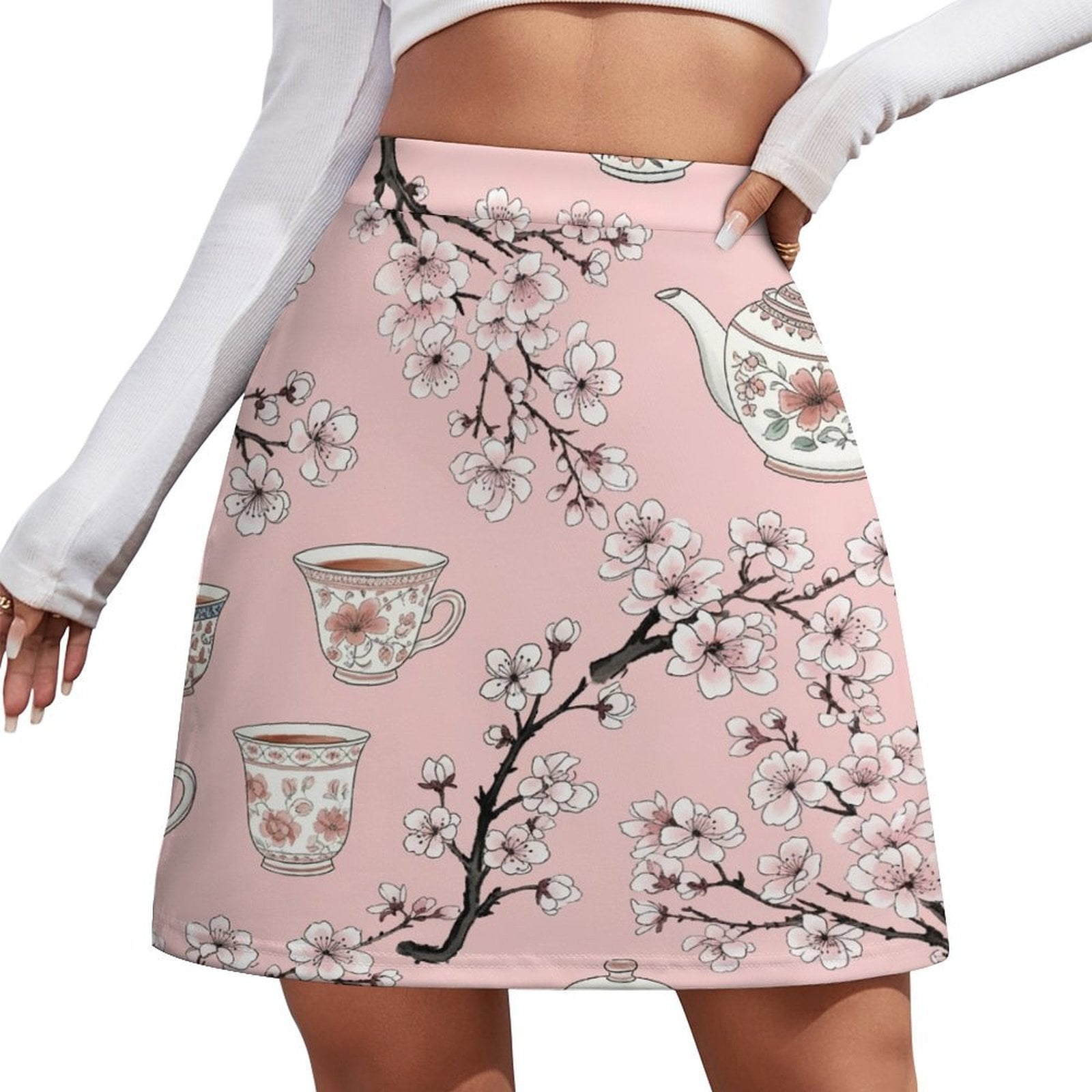 Cherry Blossom Tea Set Pattern Women's High Waist Skirt Stretchy Casual ...