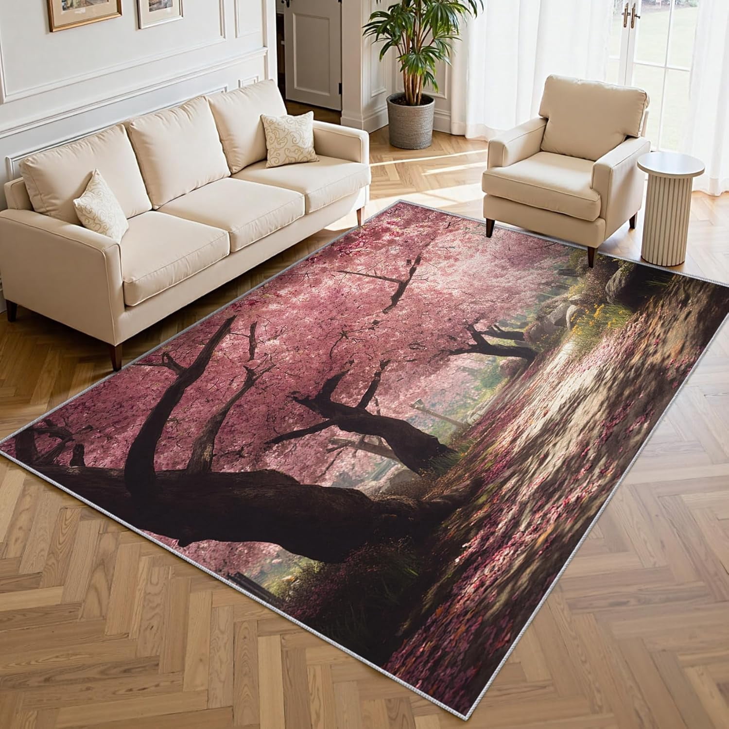 Cherry Blossom Tree Area Rug, Pink Floral Landscape Pattern Carpet ...