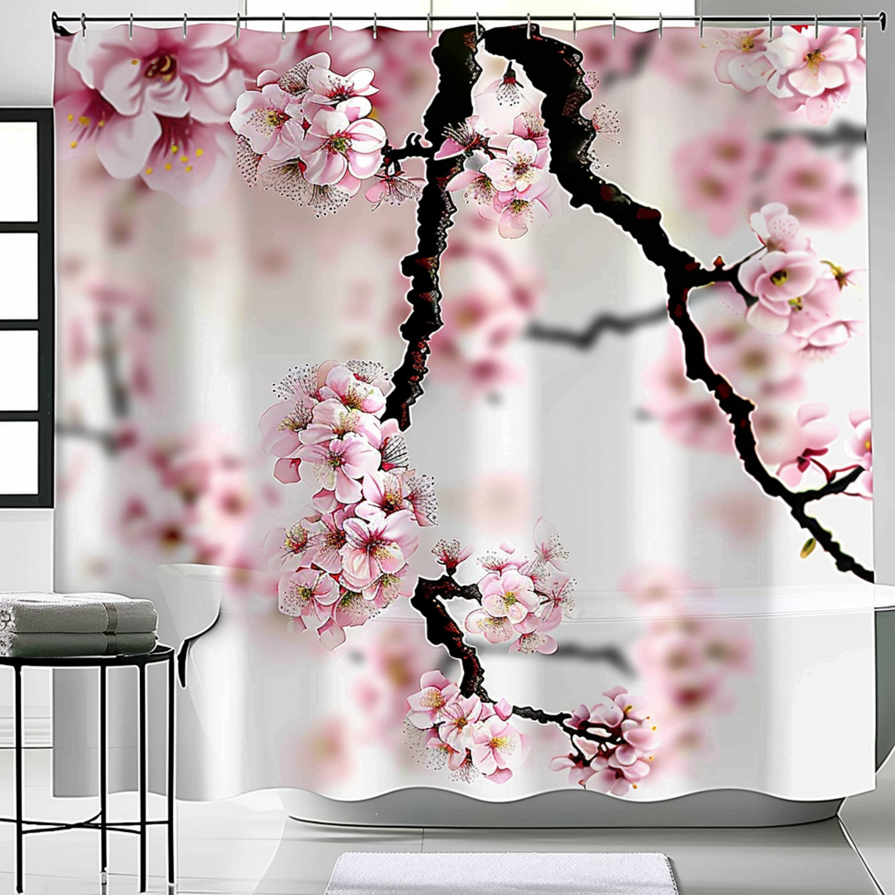 Cherry Blossom Tree Branch Shower Curtain: Elegant White Background ...