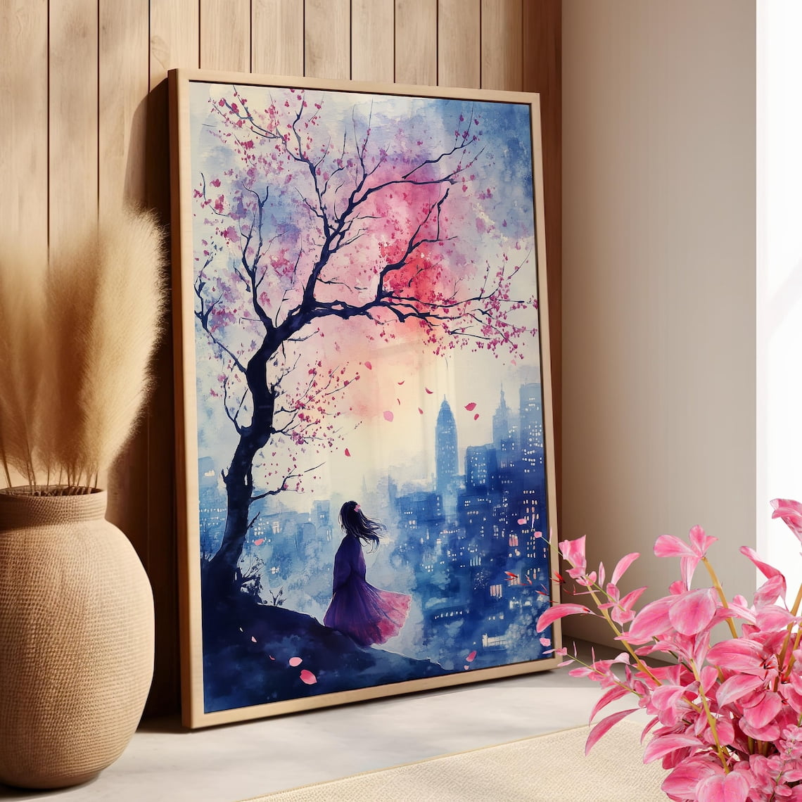 Cherry Blossom Tree Cityscape Wall Art, Modern Japanese Blue Decor ...