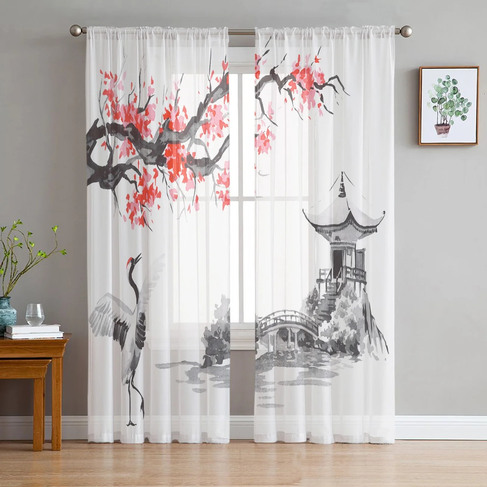 Cherry Blossom Tree Flower Painting Chinese Style Tulle Curtains for ...