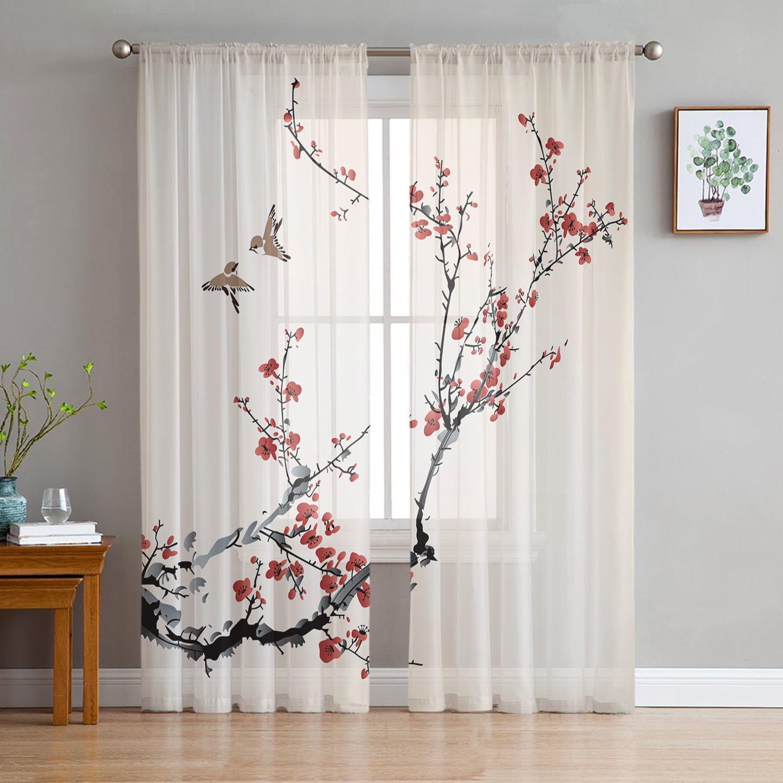 Cherry Blossom Tree Flower Painting Chinese Style Tulle Curtains for Living Room ration Chiffon ...