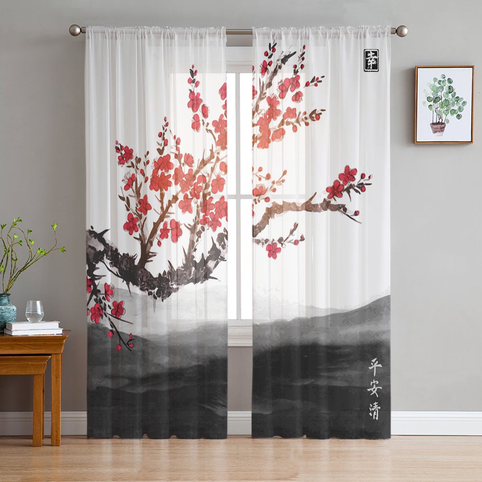 Cherry Blossom Tree Flower Painting Chinese Style Tulle Curtains for ...