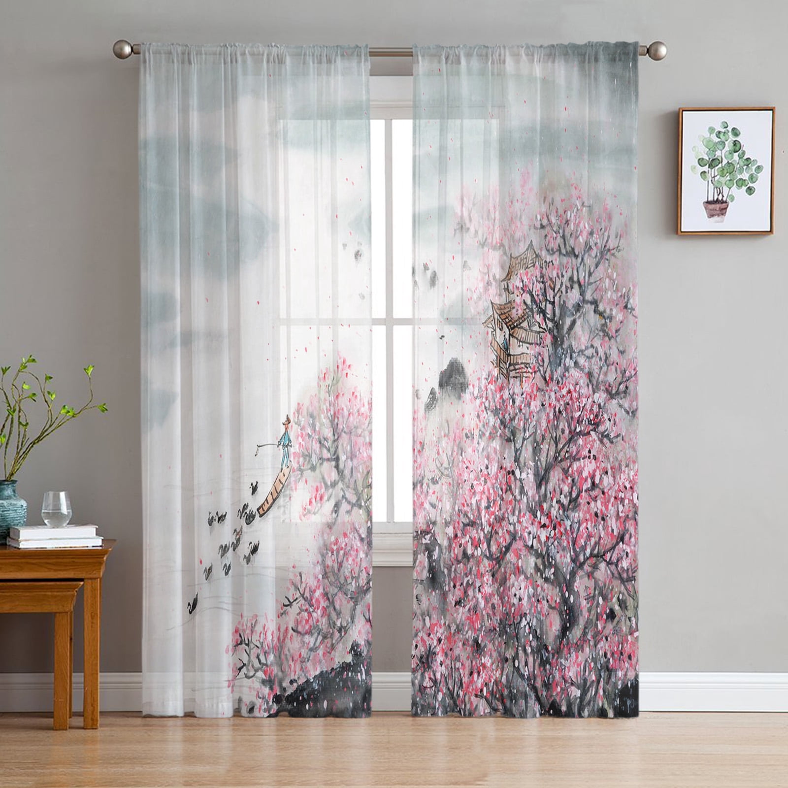 Cherry Blossom Tree Flower Painting Chinese Style Tulle Curtains for ...