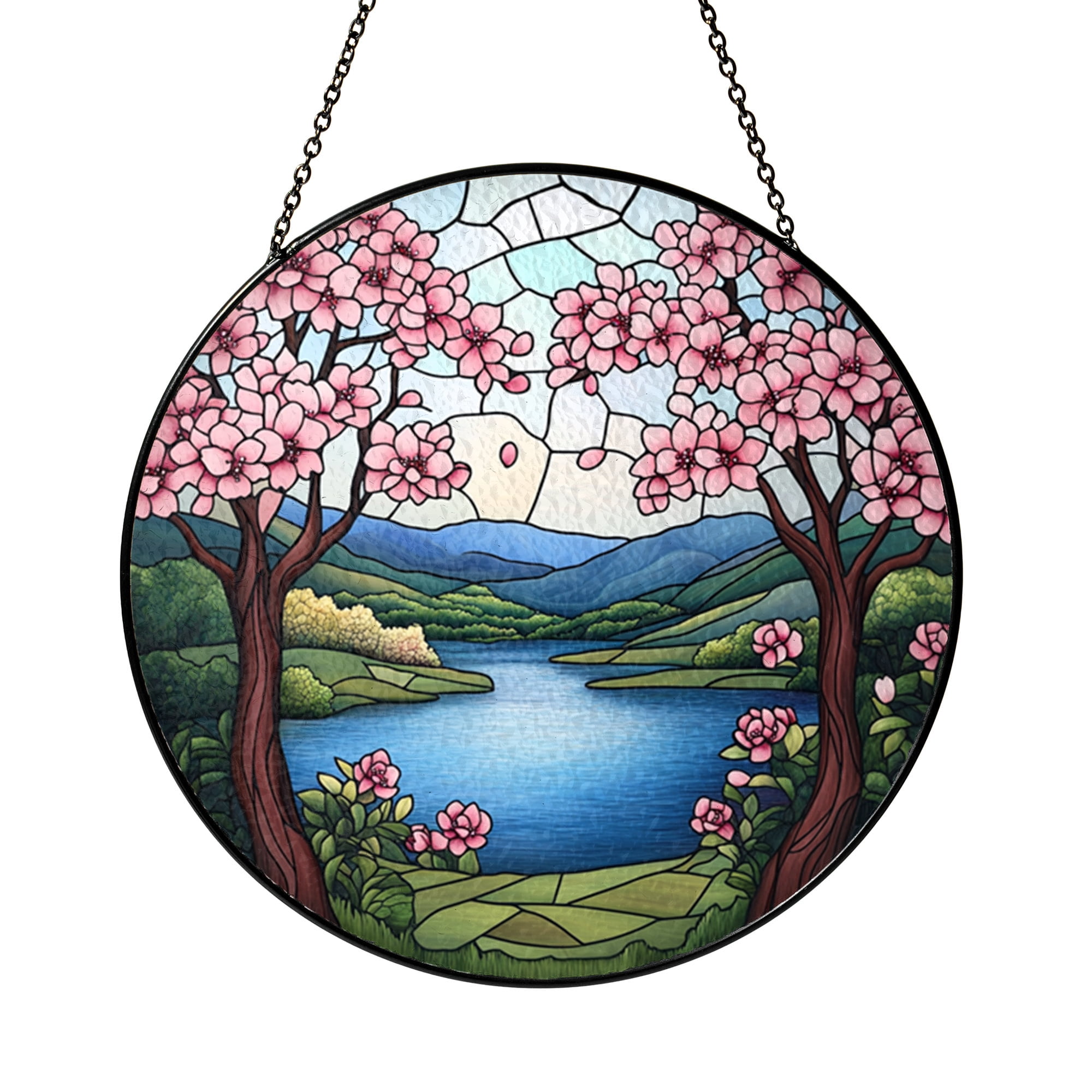 Cherry Blossom Tree Lake Glass Suncatcher Window Art Nature Scene ...