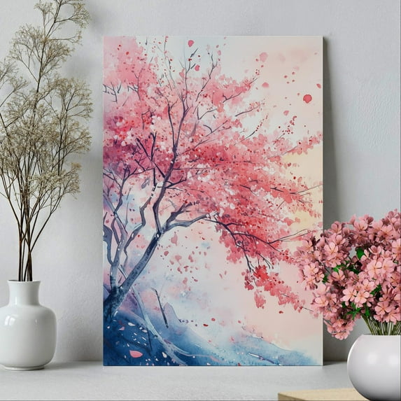 Cherry Blossom Tree Pink Sunset Wall Art, Sakura Spring Landscape Decor ...