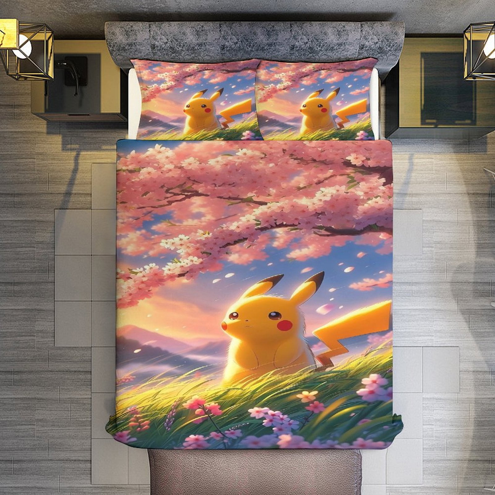 Cherry Blossom Tree Pokémon Pikachu Bedding Duvet Cover Queen Size for ...