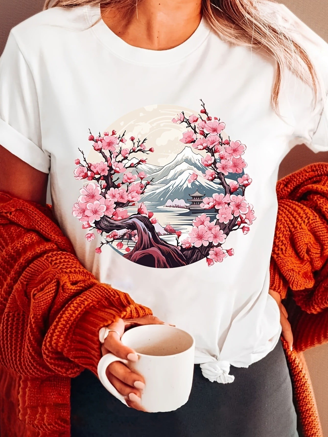 Cherry Blossom Tree Print T-Shirt, Short Sleeve Crew Neck Casual Top ...
