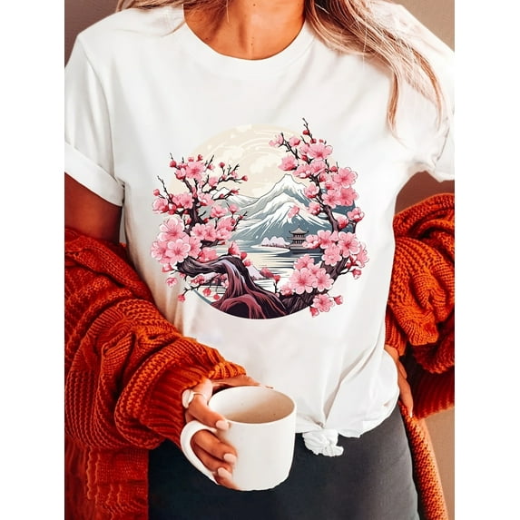 Cherry Blossom Tree Print T-Shirt, Short Sleeve Crew Neck Casual Top ...