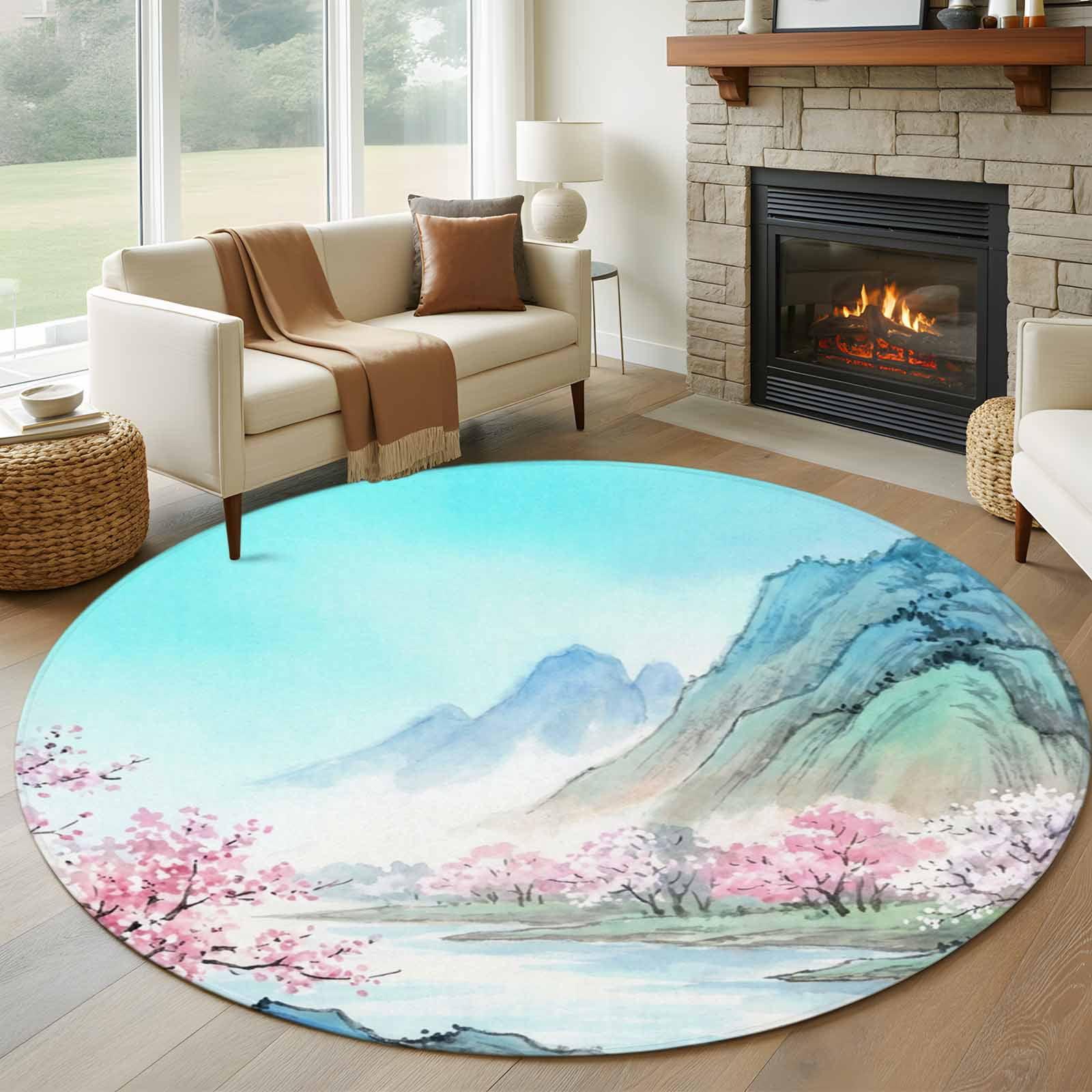 Cherry Blossom Trees 7FT Round Area Rugs for Living Room Landscape ...