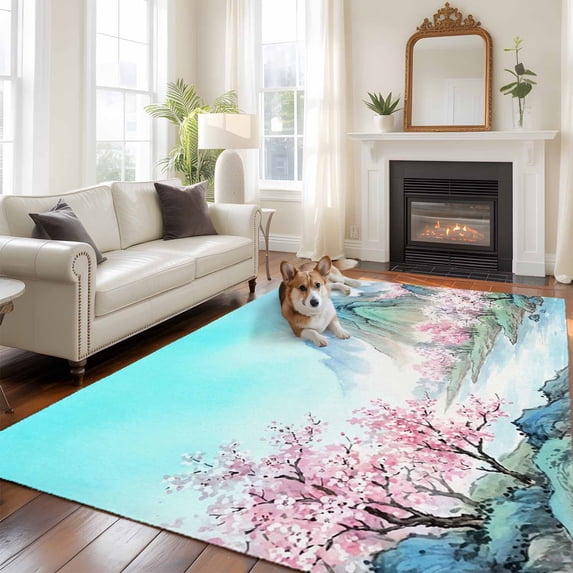 Cherry Blossom Trees Washable Area Rug 5x8 Landscape Flowering Trees ...